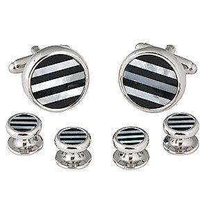 Mens Striped Onyx Mother of Pearl Tuxedo Cufflinks Studs (THAT DON'T SPIN) with Presentation Box