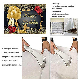 GYA 7x5ft Glitter Gold Happy Birthday Backdrop Red Rose Floral Golden Balloons Heels Champagne Glass Background for Women Birthday Party Decorations Birthday Party Supplies