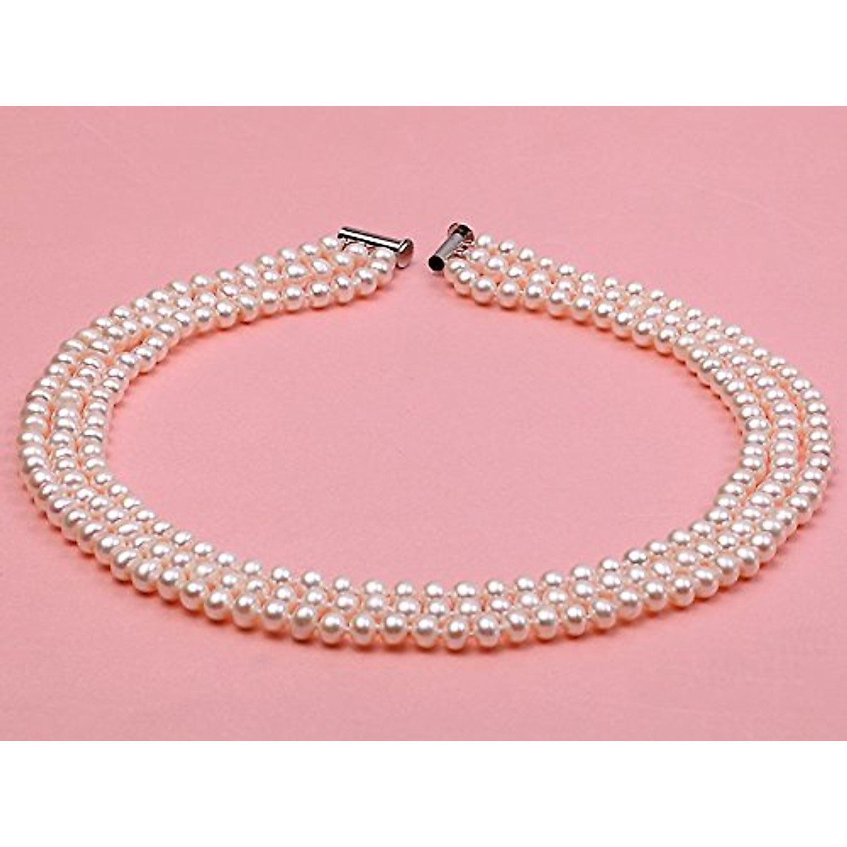 Womens 3-row 8-9mm Flatly-round Freshwater Cultured Pearl Necklace 16"