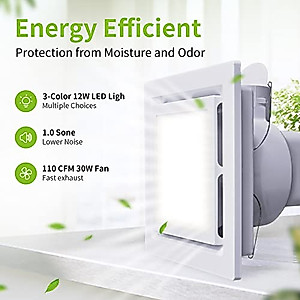 Bathroom Fan with Light Ceiling Mount Shower Ventilation Exhaust Fan with Color Change Light 3000K/4000K/6000K Vent Fan and Light Combo for Bathroom and Home 1.0 Sone 110 CFM 110V 4" Duct Square White