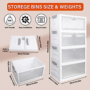 4 Tier Plastic Storage Bins, Folding Storage Organizer with Drawers, Clear Large Storage Containers with Lids and Magnetic Switch-15 * 11 * 31 inch Stackable Organizers for Home, Office, Bedroom