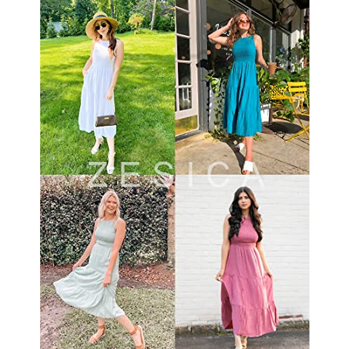 ZESICA Women's 2023 Summer Casual Sleeveless Crew Neck Smocked High Waist Flowy Tiered A Line Midi Dress,Watermelon,Medium