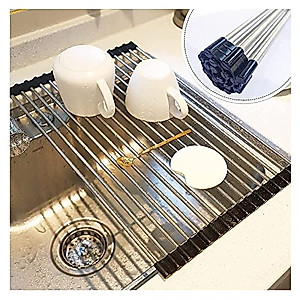 Roll up Dish Drying Rack Over The Sink Dish Drying Rack Portable Stainless Still Rolling Rack Folding Dish Drainer Sink Rack Mat Dish Drying Rack for Kitchen Sink Counter (17.8''LX11.2''W, Black)