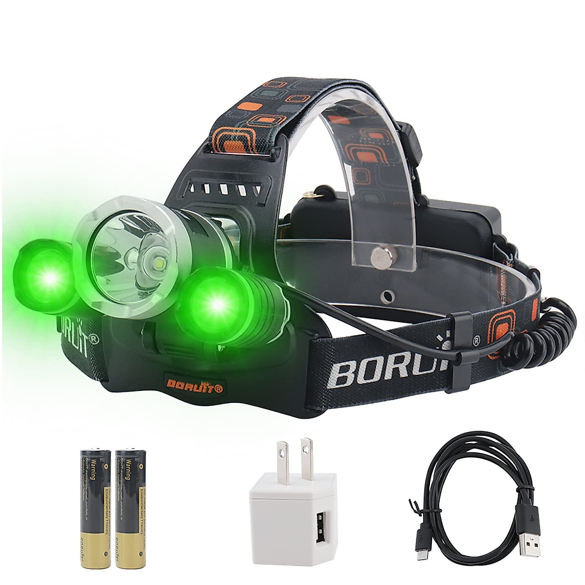 BORUIT RJ-3000 LED Green Headlamp,3 Modes White and Green LED Hunting Headlight,USB Rechargeable 5000 Lumens Tactical Head lamp for Fishing Running Camping Hiking