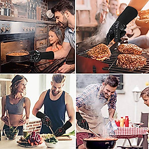 932℉ Extreme Heat Resistant Gloves, Silicone Oven Mitts for Kitchen - High Heat BBQ Gloves for Grilling, Large Oven Gloves for Men, Long Grill Gloves for Cooking, Grilling Mitts (Black, Normal)