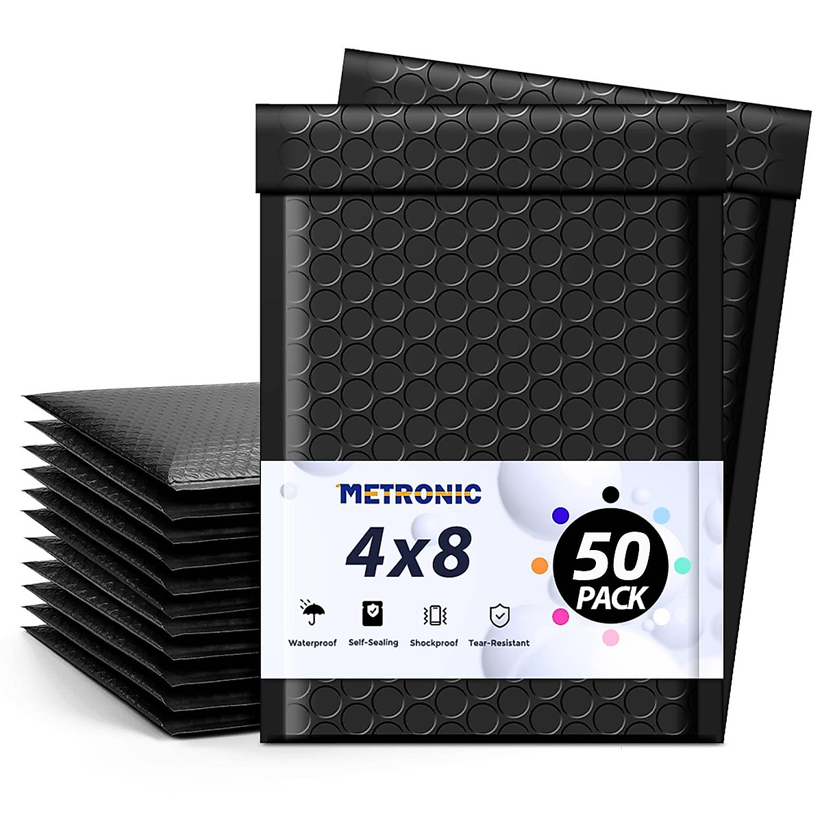 Metronic 4x8 Inch Bubble Mailer 50 Pack ,Black Bubble Mailers, Waterproof Self Seal Adhesive Shipping Bags,Padded Envelopes for Shipping, Mailing, Packaging, Bulk #000