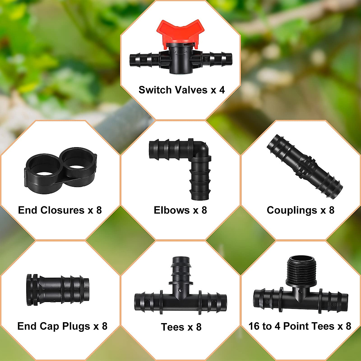 52 Pieces Drip Irrigation Fitting Kit Irrigation Barbed Connector for 1/2 Inch Tubing 4 Switch Valve, 8 Coupling, 8 Tee, 8 Elbow, 8 End Closure, 8 Plug, 8 16 to 4 Point Tee Connector