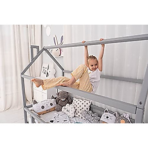 BUSYWOOD Montessori Twin House Bed - Toddler Floor Bed Frame - Kids Furniture - Indoor Playroom - Floor Bed House - Montessori Bed for Toddlers (Model 2, Grey, Floor Bed)