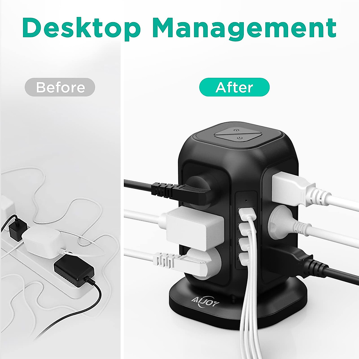 Power Strip Tower with USB Ports-AiJoy Surge Protector with 12 AC Outlet and 4 USB Ports, 10 FT Extension Cord, USB Charging Station with Overload Protection, Living Room, Office, College Dorm