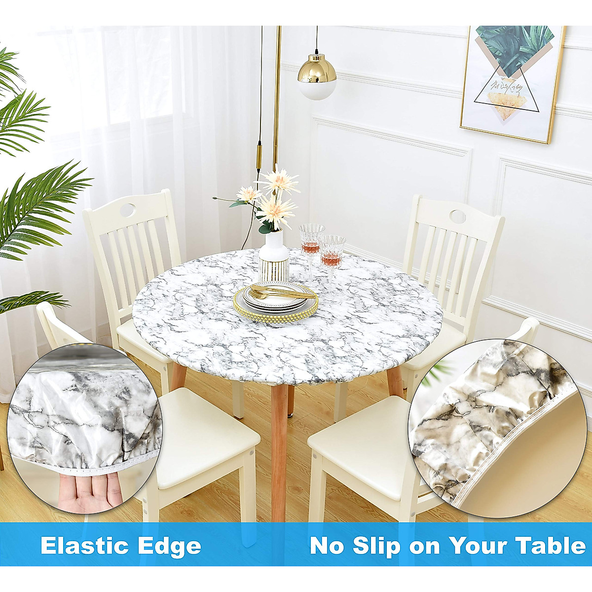 Rally Home Goods Indoor Outdoor Patio Round Fitted Vinyl Tablecloth, Flannel Backing, Elastic Edge, Waterproof Wipeable Plastic Cover, White Marble Pattern for 10-Seat Table of 57-72’’ Diameter