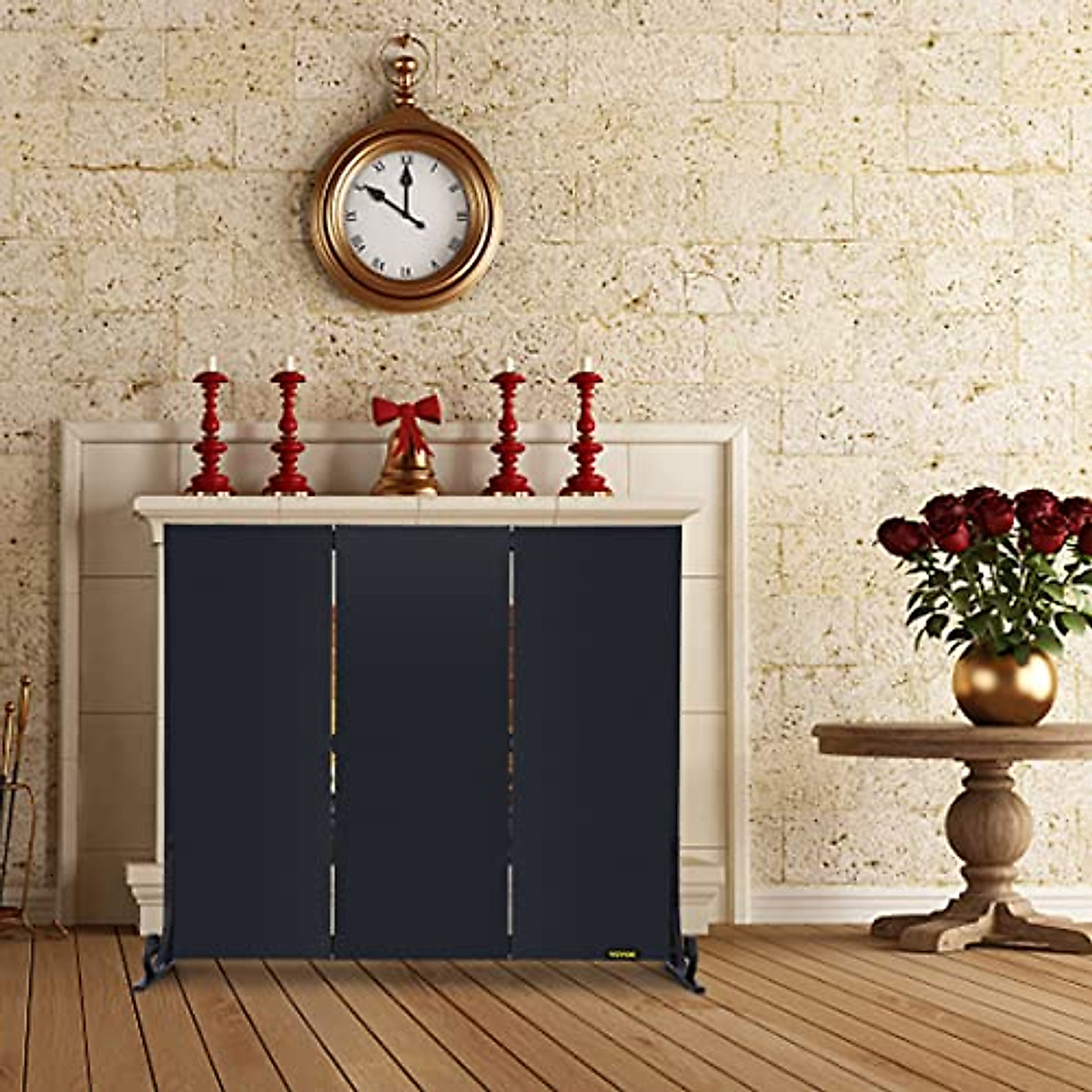 VEVOR Fireplace Screen, 47 x 34.3 Inch, 3-Panel Iron Freestanding Spark Guard with Support, Metal Craft, Broom Tong Shovel Poker Included, for Fireplace Decoration & Protection, Black
