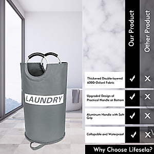 Lifesela 82L Large Laundry Basket, Collapsible Oxford Fabric Laundry Hamper, Durable Laundry Bag with Handle, Waterproof and Easy Carry Clothes Basket Clothes Washing Bin, 15" D × 28"H (Grey)