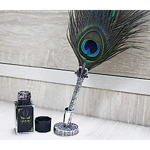 Vintage Antique Feather Pen Stem Metal Writing Quill Pen Set Calligraphy Pen Metal Carving Appearance,with 5 PCS Nibs (Blue Peacock)