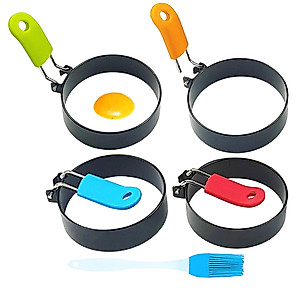 4Pack Egg Rings, Stainless Steel Frying Egg Ring Mold Non Stick Egg Frying Rings with Folding Handles and Oil Brush for Fried Eggs, Pancakes, Egg Shaper(size:4pcs)