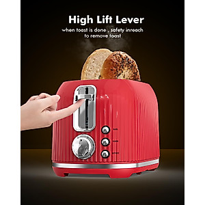 2 Slice Toaster with Extra Wide Slots & Removable Crumb Tray - 6 Browning Options, High Lift, Auto Shut Off & Frozen Function, Toast Fruit Bread, Bagel & Waffle, Red