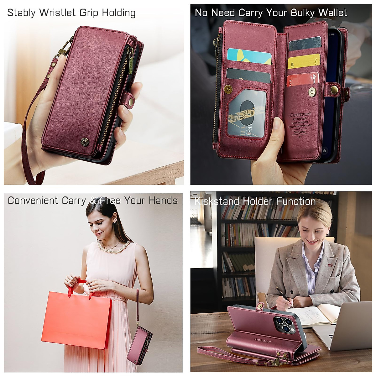 Defencase for iPhone 13 Pro Case, RFID Blocking for iPhone 13 Pro Wallet Case for Women Men with Card Holder, Zipper Magnetic Flip PU Leather Protective Cover for iPhone 13 Pro Phone Case, Wine Red