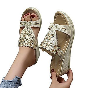 Aniywn Rhinestones Slides Sandals for Women Summer Open Toe Breathable Sandals Slip On Platform Wedge Casual Shoes