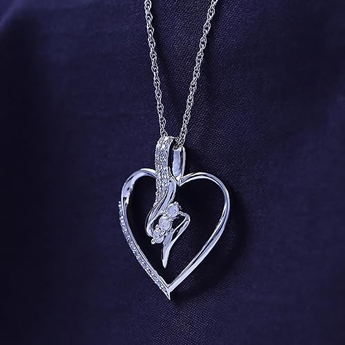 AFFY Diamond Heart Pendant Necklace | 3 Stone 1/4cttw Natural Diamond | 14K White Gold Over Sterling Silver (0.25 Ct) with Free 18" Chain For Women, Gift For Her