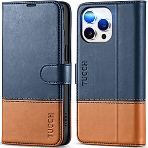 TUCCH Wallet Case for iPhone 15 Pro Max, [RFID Blocking] [4 Card Slots] Protective TPU Inner Shell, Shockproof Magnetic PU Leather Stand Flip Cover Compatible with iPhone 15 Pro Max 6.7", Blue&Brown