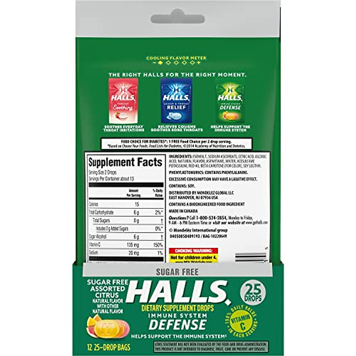 HALLS Defense Assorted Citrus Sugar Free Vitamin C Drops, Dietary Supplement Drops, 12 Bags of 25 Drops (300 Total Drops)