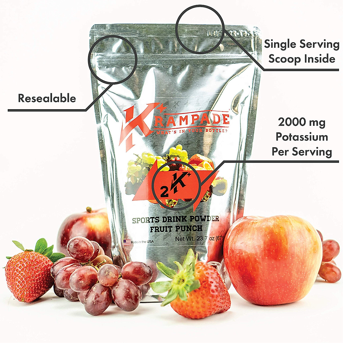 Krampade Electrolytes Powder Potassium Supplement - 2000 mg K+, >2X More Than Coconut Water | Cramp Relief and Prevention | Hydration Powder