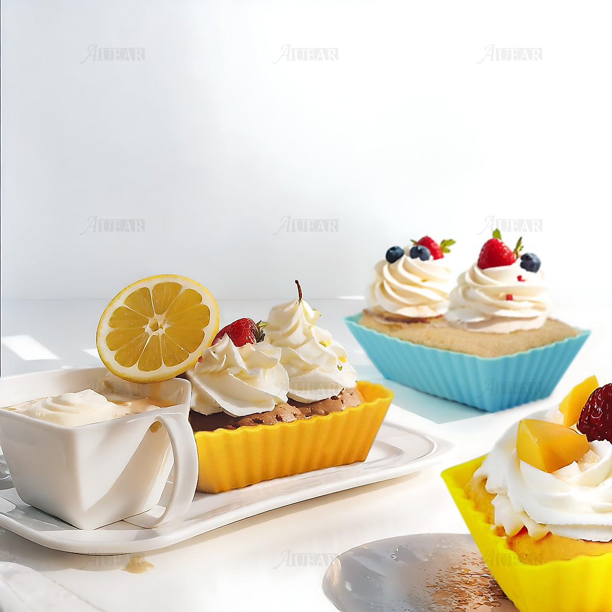 AUEAR, Silicone Mini Reusable Muffin Baking Cup Small Cupcake Holders Random Color Silicone Cupcake Liners Pastry Dessert Cups (24 Pack, Rectangle Cups)