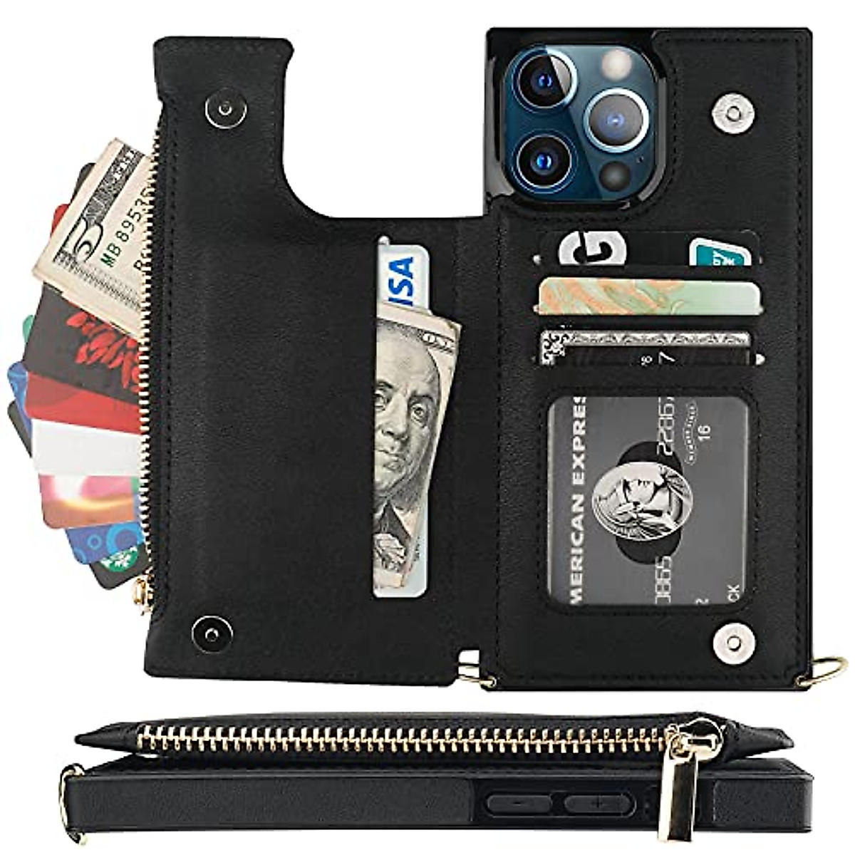 Bocasal Crossbody Wallet Case for iPhone 13 Pro Max with RFID Blocking Card Slot Holder, Magnetic Flip Folio Purse Case, PU Leather Zipper Handbag with Detachable Lanyard Strap 6.7 Inch 5G (Black)