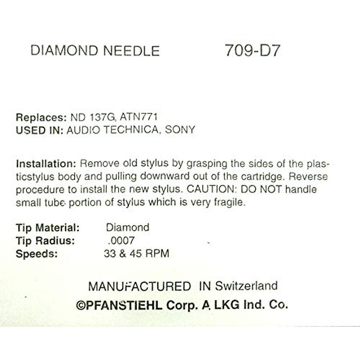 Pfanstiehl Phonograph Needle Stylus For Audio Technica ATN-771 Sony ND-137G VL-37G Sanyo Fisher ST-100 Dual DN-441 DMS242E