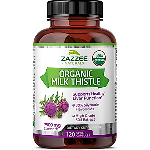 Zazzee USDA Organic Milk Thistle 30:1 Extract, 7500 mg Strength, 120 Vegan Capsules, 80% Silymarin Flavonoids, Standardized and Concentrated 30X Extract, 100% Vegetarian, All-Natural and Non-GMO