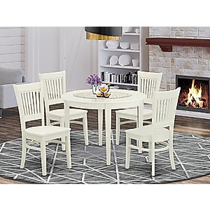 East West Furniture BOVA5-LWH-W 5 Piece Dining Room Furniture Set Includes a Round Kitchen Table and 4 Dining Chairs, 42x42 Inch, Linen White
