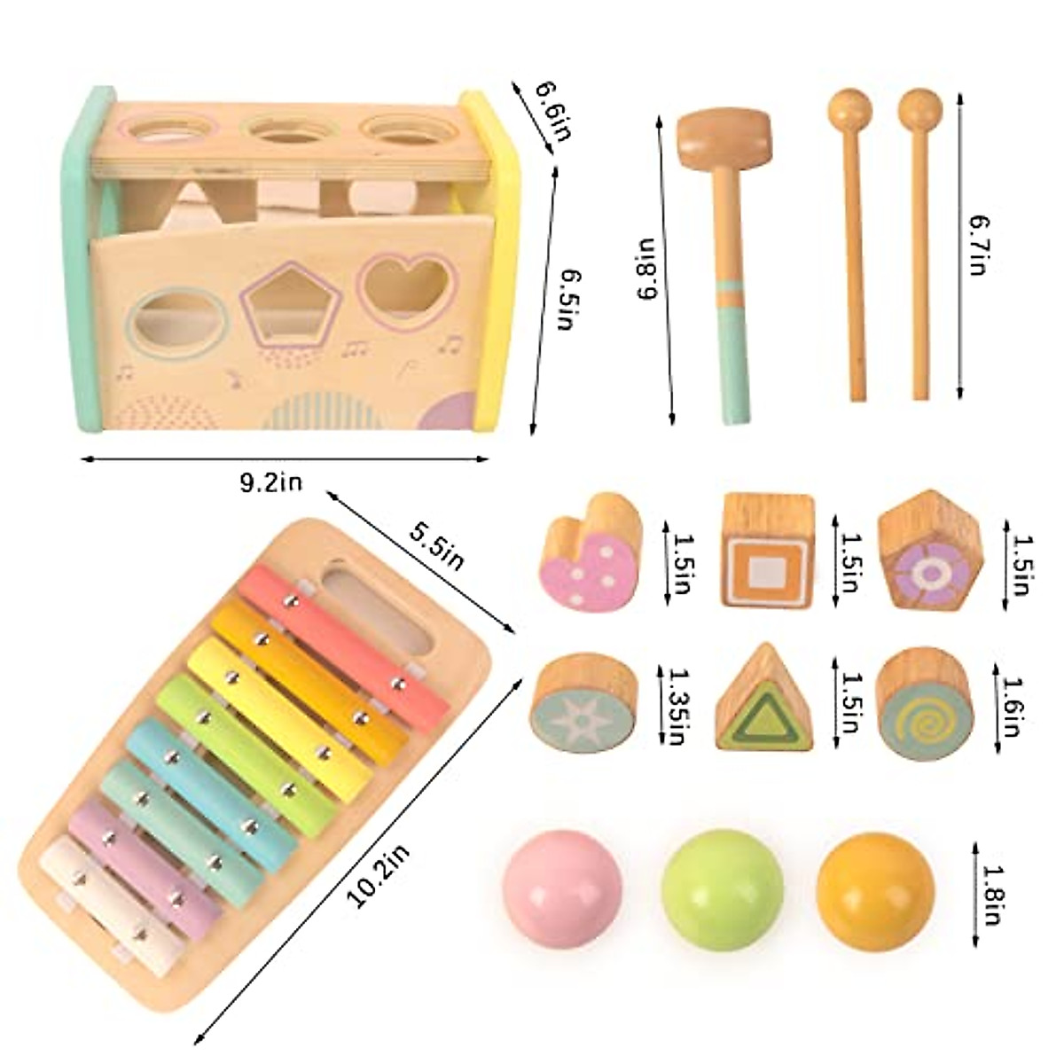 WOODENFUN Hammering Pounding Toys Wooden Educational Toy Xylophone Shape Sorter, Birthday Gift for 1 2 3 Years Boys Girls Baby Toddler Kids Developmental Montessori Learning Toy (Yellow)