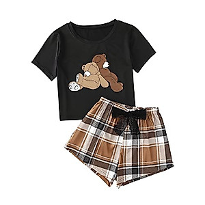 SweatyRocks Women's 2 Piece Pajama Set Graphic Short Sleeve Tee Shirt and Cute Plaid Shorts Black Brown Large