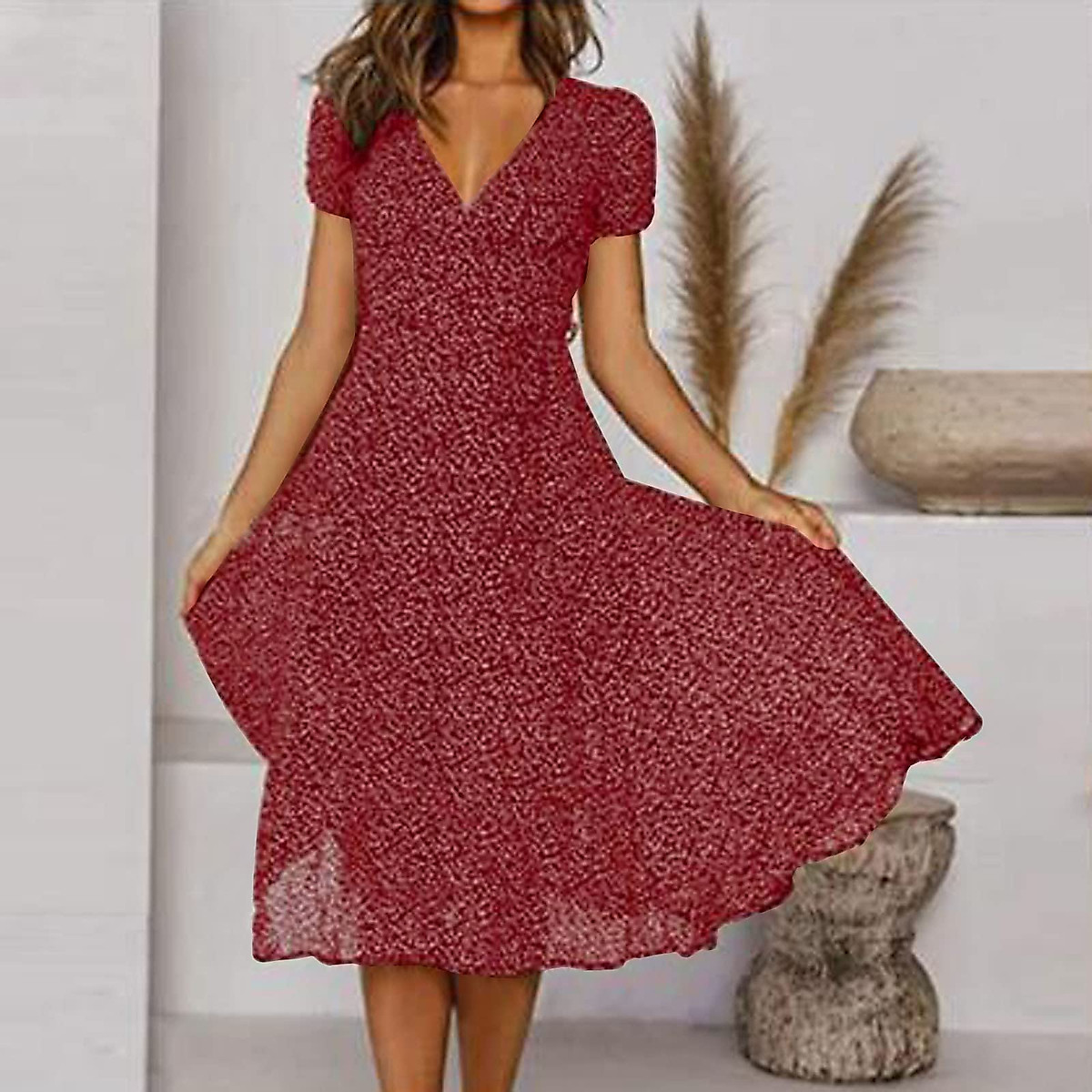 Womens Dresses Summer 2023 Floral Boho V Neck Short Sleeve Wrap Flowy Ruffle Hem Cute Beach A Line Midi Dress Sun Dresses Hawaiian Clothes Summer Wedding Guest Dresses for Women 2023