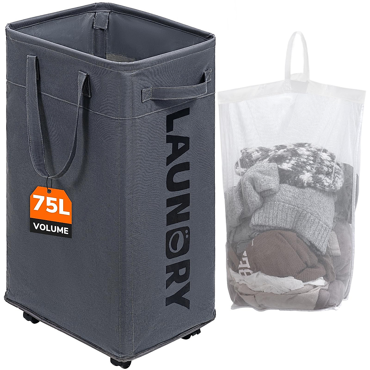 CHICVITA Rolling Laundry Basket with Wheels,75L Large Collapsible Laundry Hamper with Removable Wash Bag Space for Corner Dorms, Grey