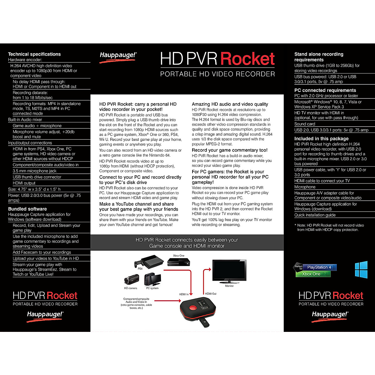 Hauppauge HD PVR Rocket Portable Stand Alone HD 1080p Video Game Recorder for Xbox One, Xbox 360, PS4, PS3 and PC Gaming Systems (1540)