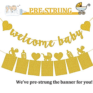 Baby Shower Decorations Gold- Welcome Baby Banner Pre-Strung & Baby Shower Photo Banner for Girls or Boys Baby Shower Gender Reveal Party Decor Supplies Baby Party Photo Booth Props