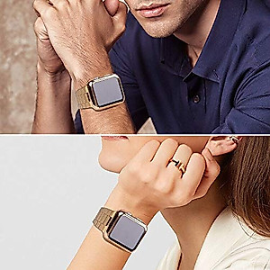 Wolait Compatible with Apple Watch Band 42mm 44mm 45mm 38mm 40mm 41mm with Case, Upgraded Business Stainless Steel Band with Screen Protector Cover for iWatch Series 7/6/SE Series 5/4/3/2/1,44mm Gold