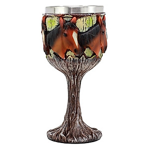 Ebros Gift Equine Beauty Wild Horses Wine Goblet 7oz Chalice Cup In Rustic Wood Bark Roots Design