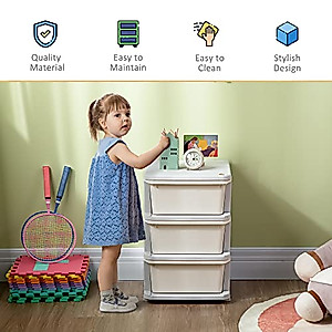 Qaba 3 Tier Kids Storage Unit Dresser Tower with Drawers Chest Toy Organizer for Bedroom Nursery Kindergarten Living Room for Boys Girls Toddlers, Cream White