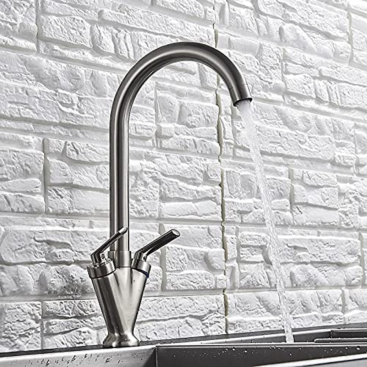 Widespread Faucet, Kitchen Sink Faucet for Bar Farmhouse Commercial, Bath Kitchen Sink Faucets, Brushed Nickle Dual Handle Kitchen Basin Faucets, Deck Mounted Hot & Cold Water Mixer Basin Sink Taps