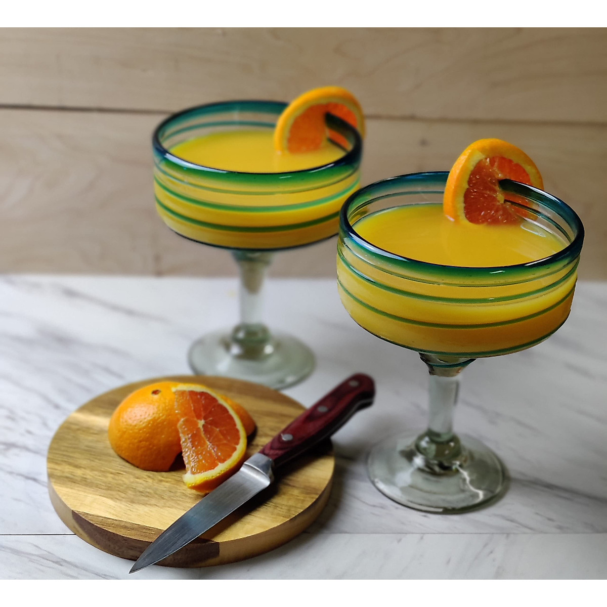 Mexican Hand Blown Glass – Set of 4 Hand Blown Margarita Glasses (16 oz) with Aqua Spiral Design