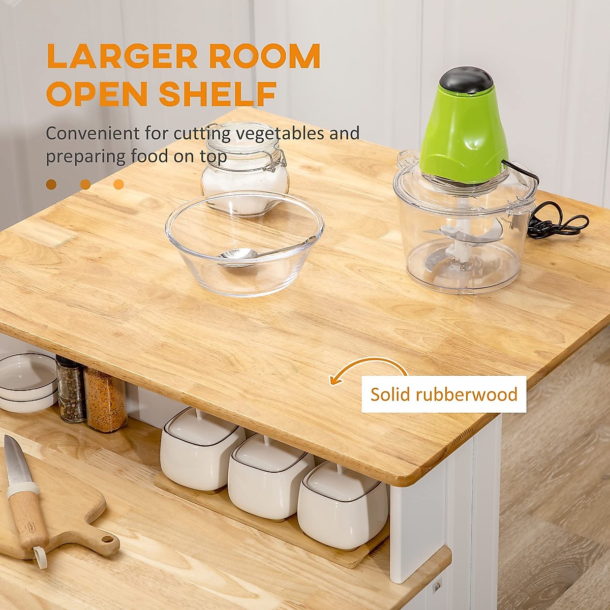 HOMCOM Kitchen Island with Storage Cabinet and 2-Level Rubber Wood Tabletop, Island Table with Adjustable Shelves and Drawers, White