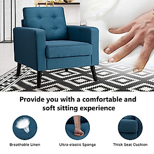 ReunionG Modern Accent, Mid Century Armchair W/Rubber Wood Legs, Linen Single Sofa W/Fabric Cushion, Upholstered Arm Chair for Living Room, Office, Bedroom (Blue)