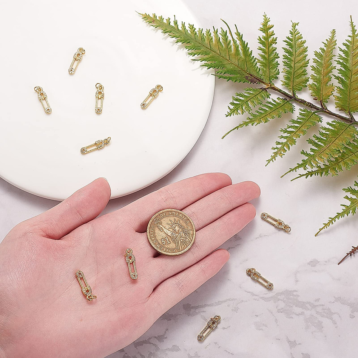 LiQunSweet 10 Pcs 17.5x5mm Safety Pin Shape Golden Brass Pendants with Clear Cubic Zirconia for Women Necklace Bracelet Earring Making