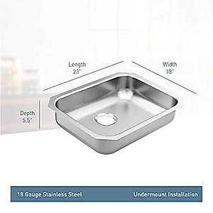 Moen GS18195B 1800 Series 23.5-inch 18 Gauge Undermount Single Bowl Stainless Steel Kitchen Sink, Rear Drain