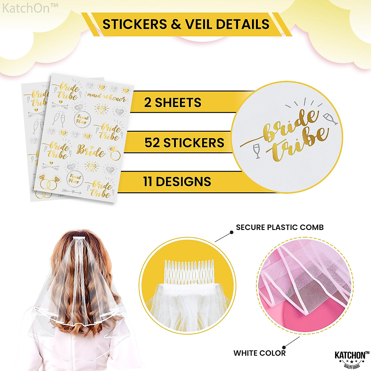 KatchOn, Bride to Be Sash and Headband set - Pack of 5 | Bachelorette Veil for Bride | Bachelorette Party Decorations | Gold Bachelorette Sash, Bridal Shower Decorations | Bachelorette Party Favors