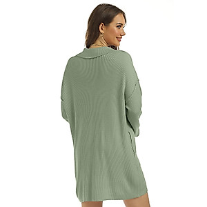 Nfsion Women's Casual Lapel Knit Sweater Button V-neck Long Sleeved Loose Fitting Dress Autumn Oversized Short Skirt Pullover Light green Small