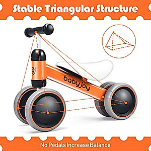 Baby Joy Baby Balance Bikes, Baby Bicycle, Children Walker Toddler Baby Ride Toys for 9-24 Months, Ride-on Toys Gifts Indoor Outdoor for 1 Year Old, No Pedal Infant 4 Wheels Bike (Orange)