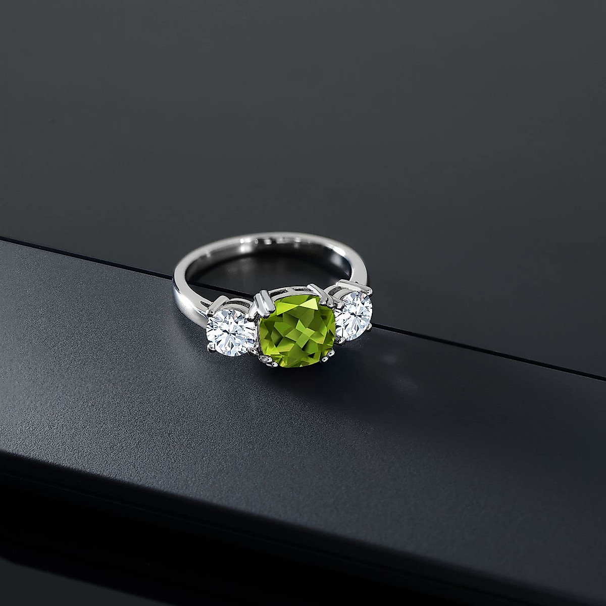 Gem Stone King 925 Sterling Silver Green Peridot and White Zirconia 3 Stone Engagement Ring For Women (3.95 Cttw, Gemstone August Birthstone, Cushion 8MM, Size 9)