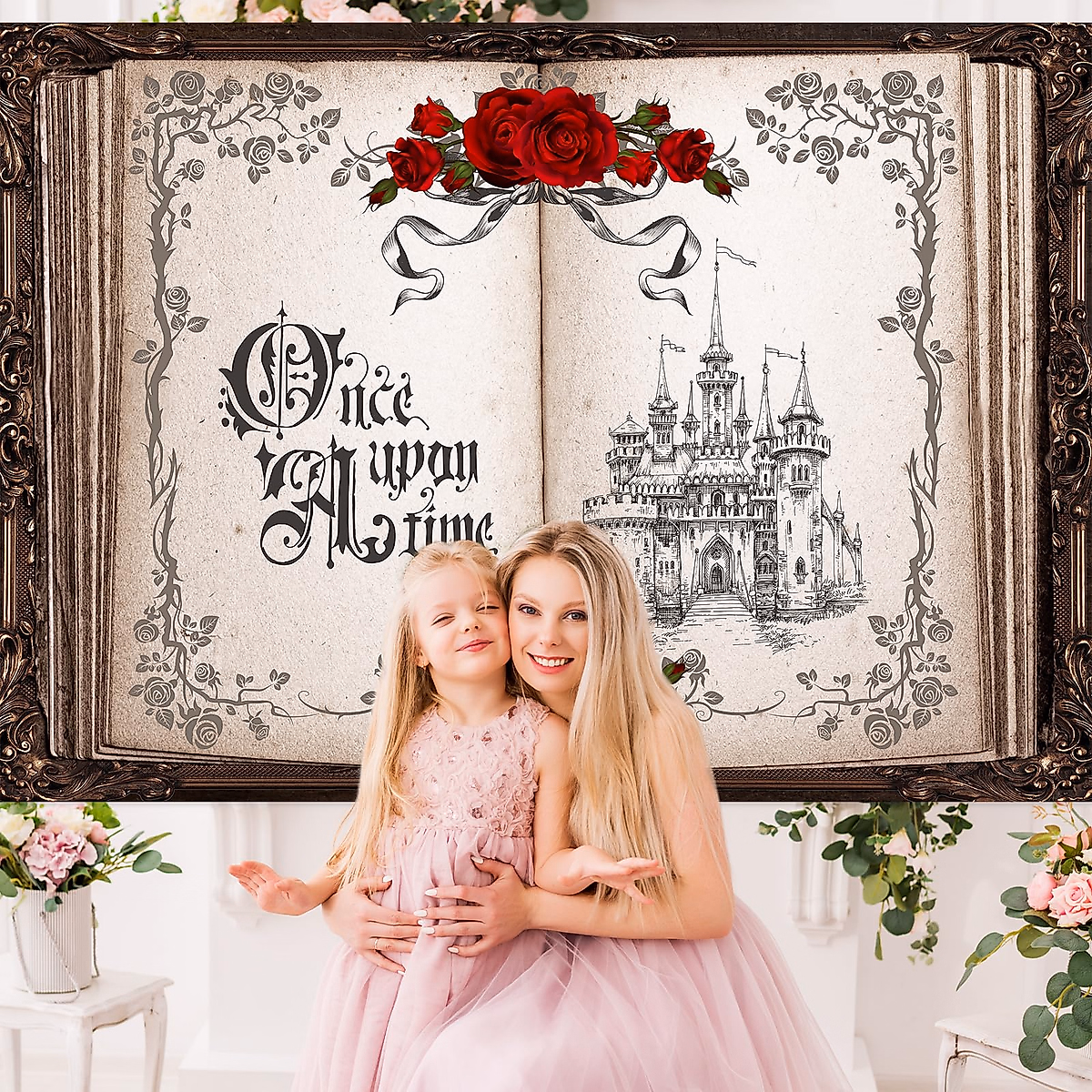 Mocsicka Once Upon a Time Backdrop Princess Castle Wedding Party Background Fairytale Book Red Roses Bridal Shower Party Cake Table Decoration Photo Booth Props (7x5ft)